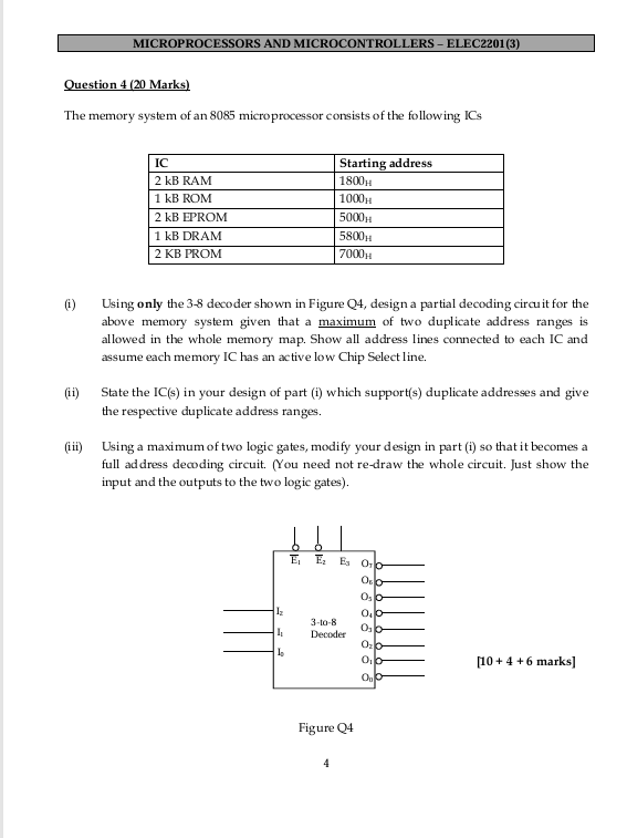 Solved Question 4 ( 20 ﻿Marks) ﻿The memory system of an 8085 | Chegg.com