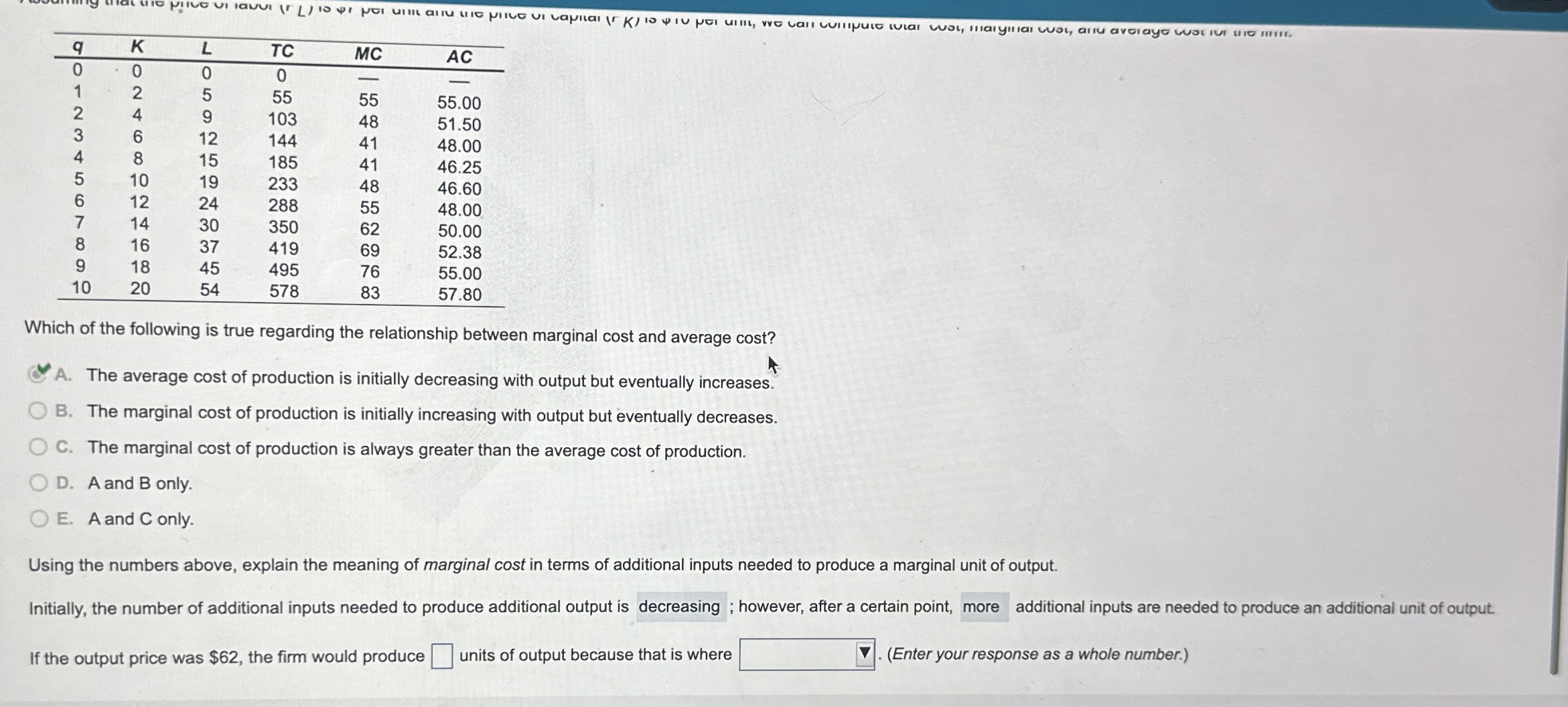Solved \table[[q,K,L,TC,MC,AC | Chegg.com