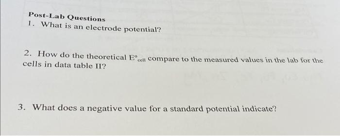 Solved Post-Lab Questions 1. What is an electrode potential? | Chegg.com