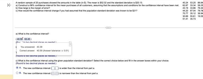 Solved A random sample of 20 purchases showed the amounts in | Chegg.com