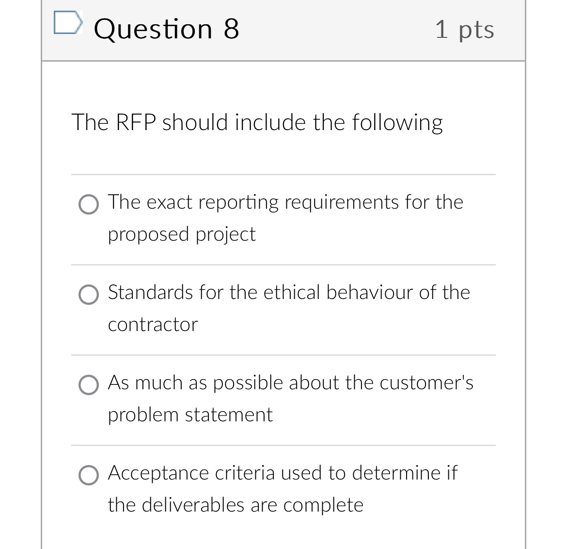 Solved Question 81ptsThe RFP should include the followingThe | Chegg.com