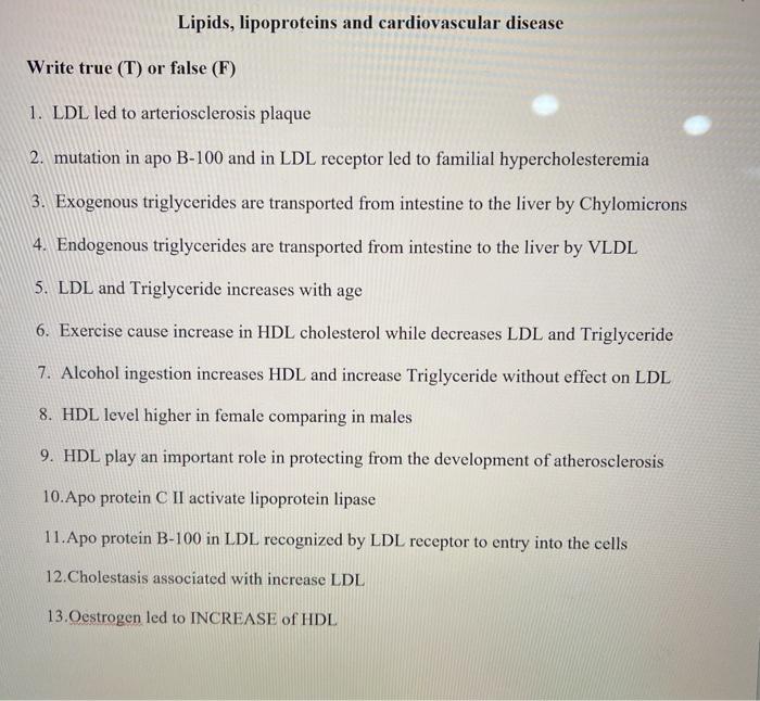 Solved Lipids, lipoproteins and cardiovascular disease Write | Chegg.com