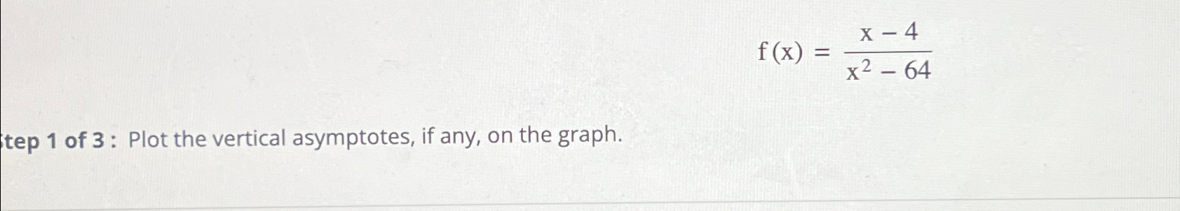 Solved f(x)=x-4x2-64tep 1 ﻿of 3 ﻿: Plot the vertical | Chegg.com