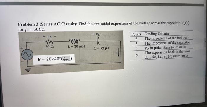 Solved Problem 3 (Series AC Circuit): Find the sinusoidal | Chegg.com