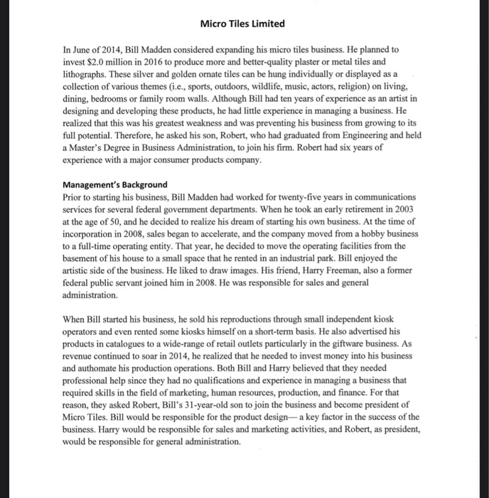 Micro Tiles Limited In June of 2014, Bill Madden | Chegg.com