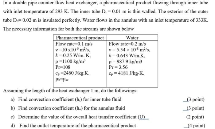 Solved In a double pipe counter flow heat exchanger, a | Chegg.com