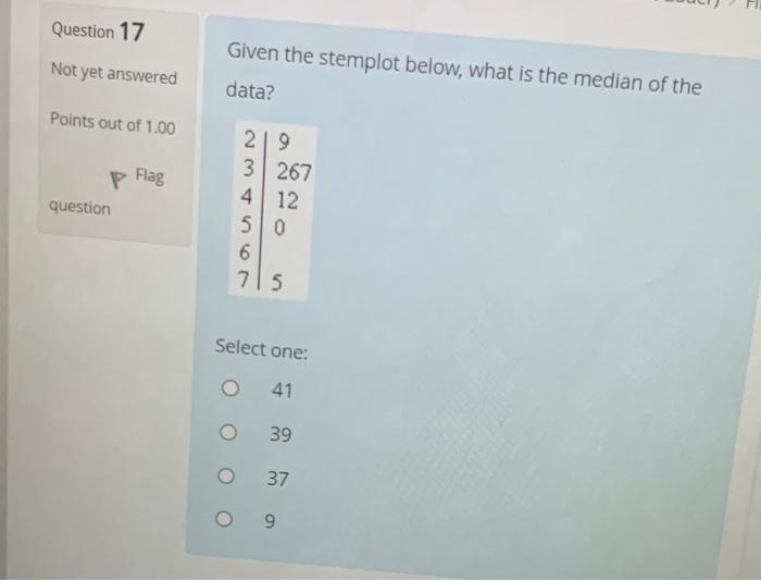 Solved Question 17 Not yet answered Given the stemplot | Chegg.com