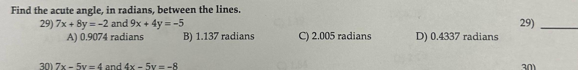 Solved Find the acute angle, in radians, between the | Chegg.com