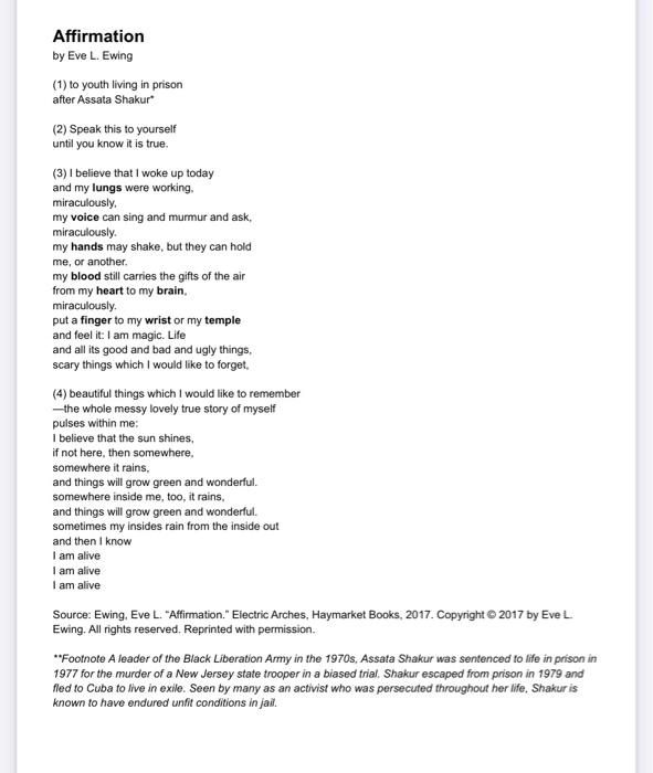 Solved Affirmation by Eve L. Ewing (1) to youth living in | Chegg.com
