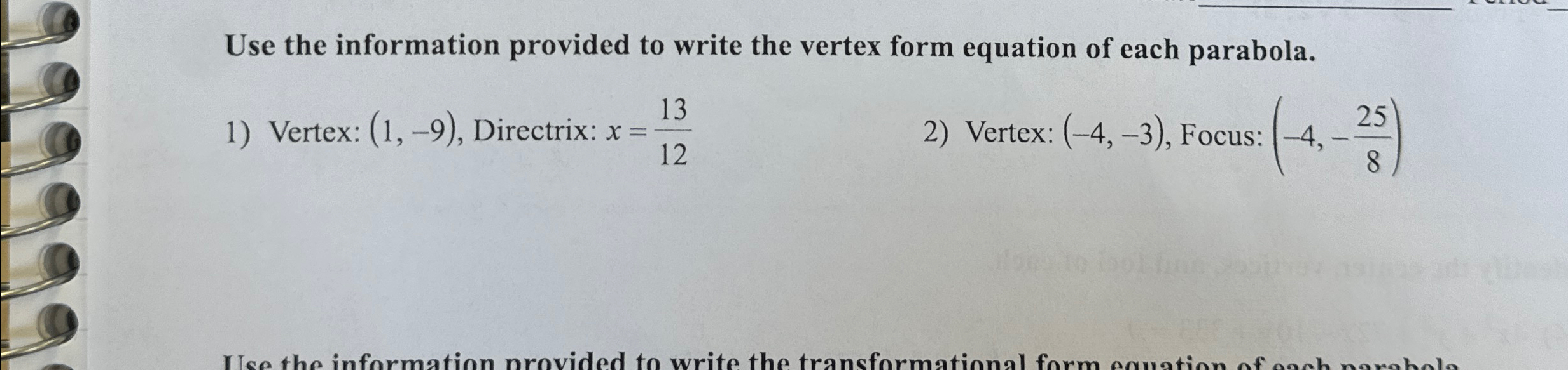 Solved Use the information provided to write the vertex form | Chegg.com