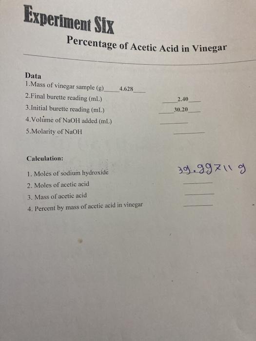 Solved Experiment Six Percentage of Acetic Acid in Vinegar | Chegg.com
