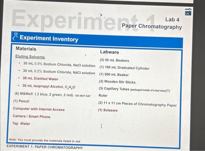 Experime Paper Chro Experiment Inventory Materials | Chegg.com