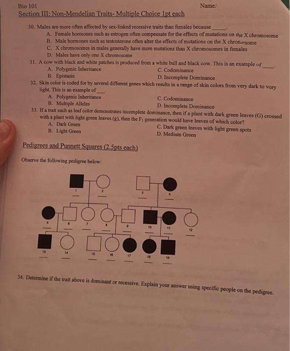 Solved Bio 101 Section III: Non-Mendelian Traits- Multiple | Chegg.com