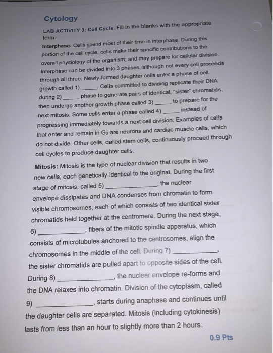 Solved Cytology (nome) section) Complete PreLab Activities | Chegg.com