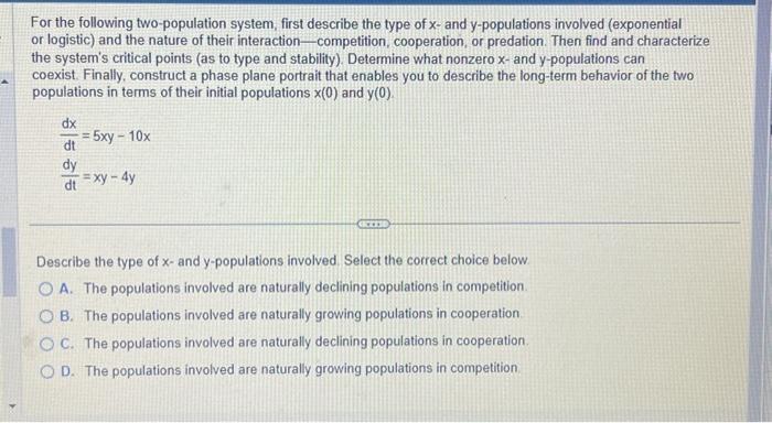 Solved For the following two-population system, first | Chegg.com
