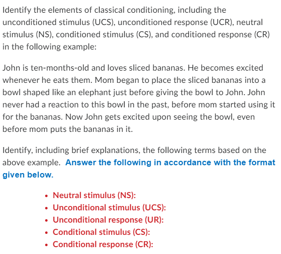 Solved Identify the elements of classical conditioning, | Chegg.com