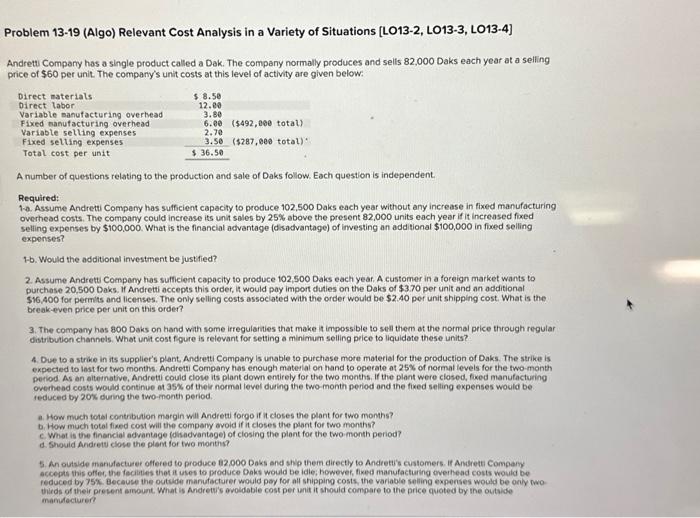 Solved Problem 13-19 (Algo) Relevant Cost Analysis in a | Chegg.com