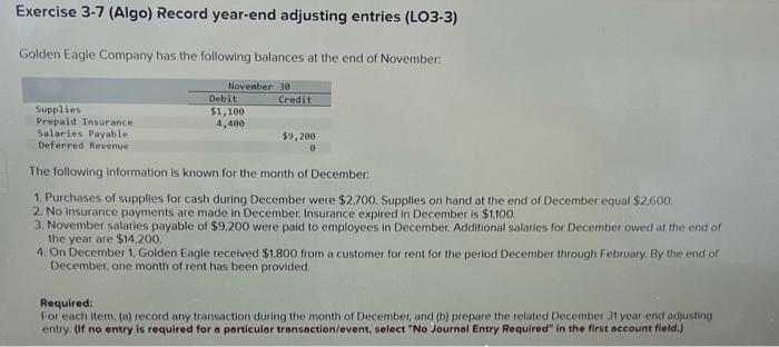 Solved Exercise 3-7 (Algo) Record year-end adjusting entries | Chegg.com