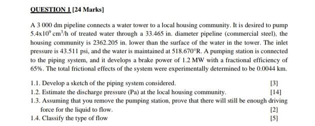 QUESTION 1 [24 Marks] A 3000dm pipeline connects a | Chegg.com