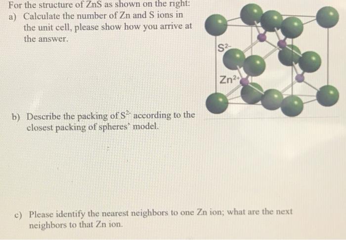 Solved For the structure of ZnS as shown on the right: a) | Chegg.com