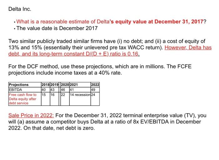 Solved Delta Inc. -What is a reasonable estimate of Delta's | Chegg.com