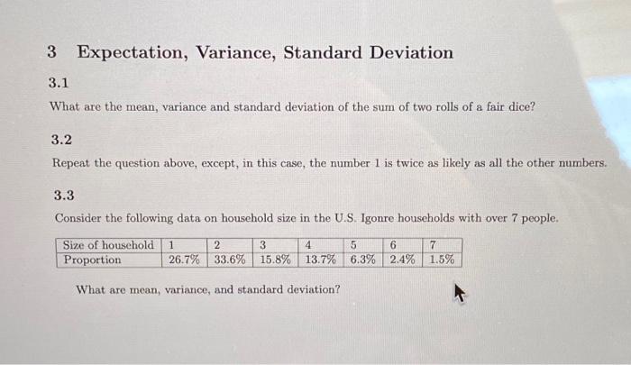 Solved 3 Expectation Variance Standard Deviation 3 1 What