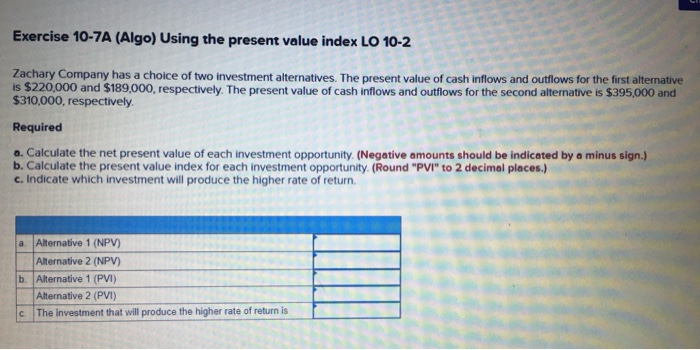 Solved Exercise 10-7A (Algo) Using the present value index | Chegg.com