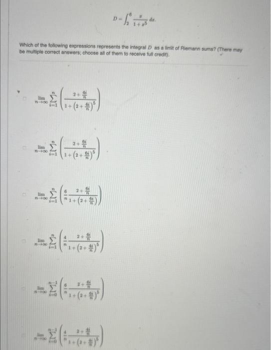 Solved D=∫261+x5xdx Which of the following expressions | Chegg.com