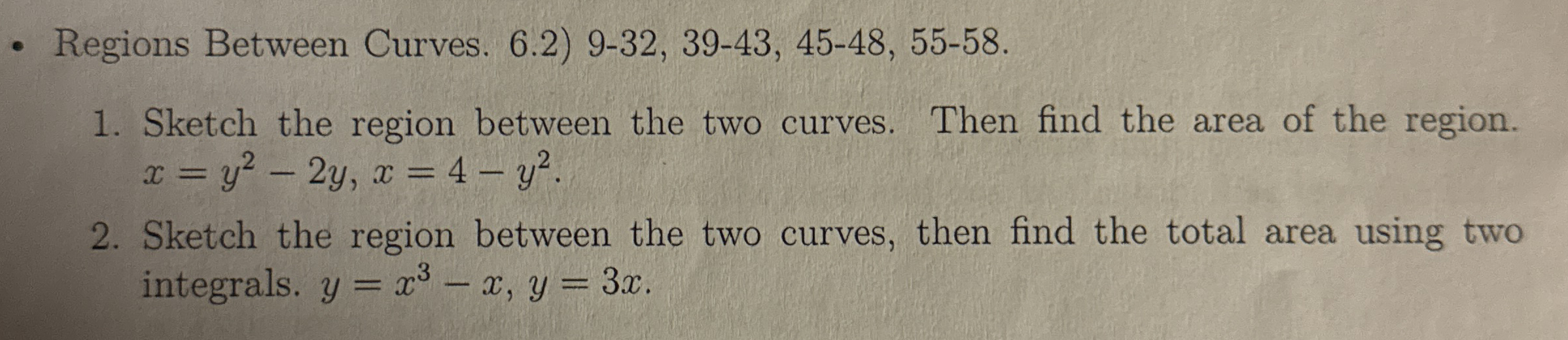 Solved Regions Between Curves. | Chegg.com