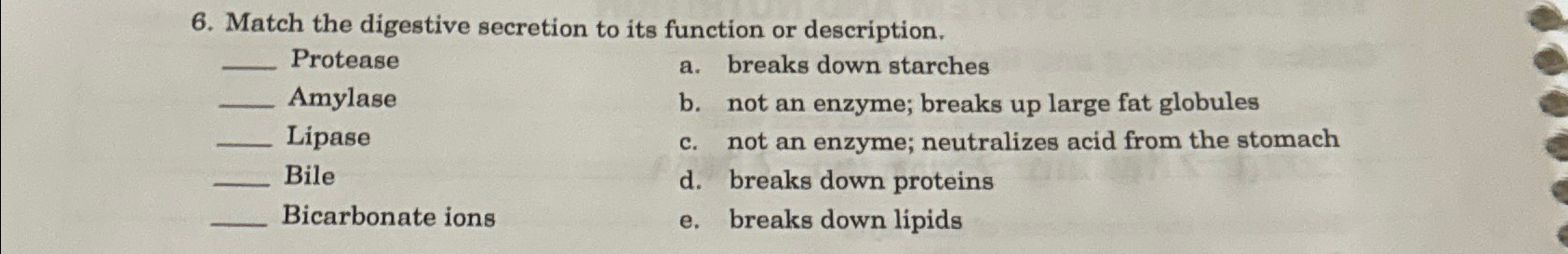 Solved Match the digestive secretion to its function or | Chegg.com