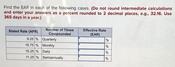 Solved Find the EAR in each of the following cases. (Do not | Chegg.com
