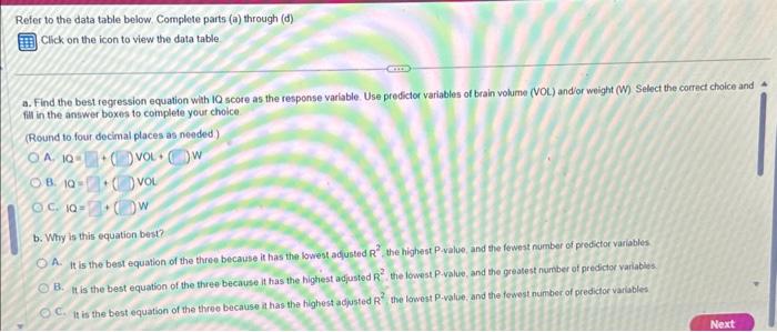 Solved Refer to the data table below. Complete parts (a) | Chegg.com