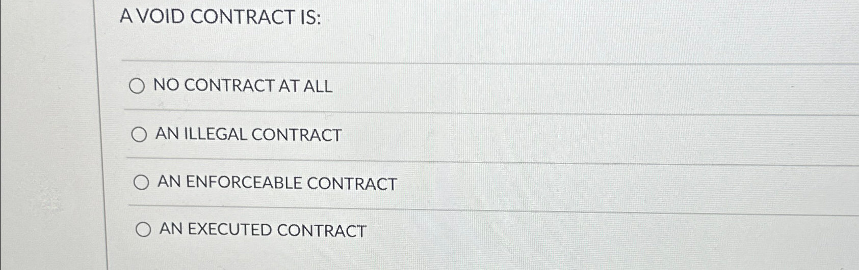 Solved A VOID CONTRACT IS:NO CONTRACT AT ALLAN ILLEGAL | Chegg.com