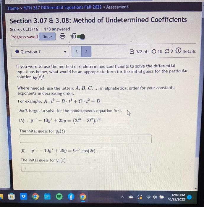 Solved If you were to use the method of undetermined | Chegg.com