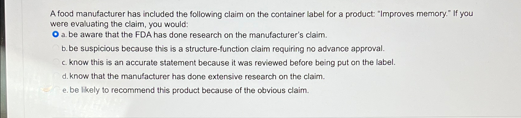 Solved A food manufacturer has included the following claim | Chegg.com