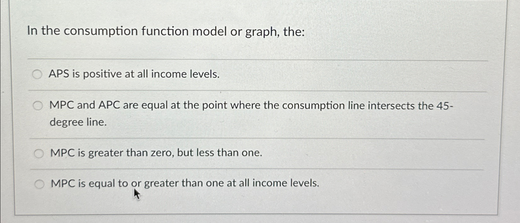 Solved In the consumption function model or graph, the:APS | Chegg.com