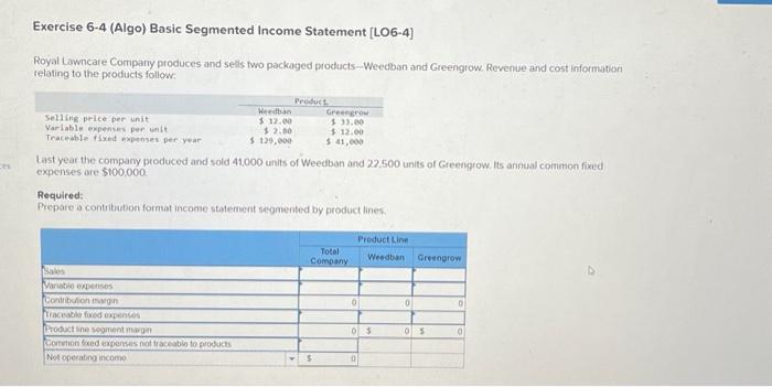 Solved Exercise 6-4 (Algo) Basic Segmented Income Statement | Chegg.com