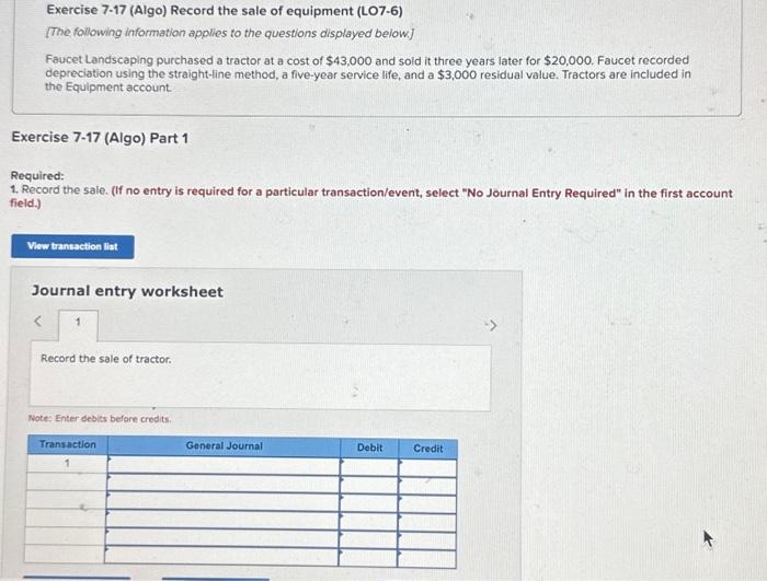 Solved Exercise 7-17 (Algo) Record the sale of equipment | Chegg.com