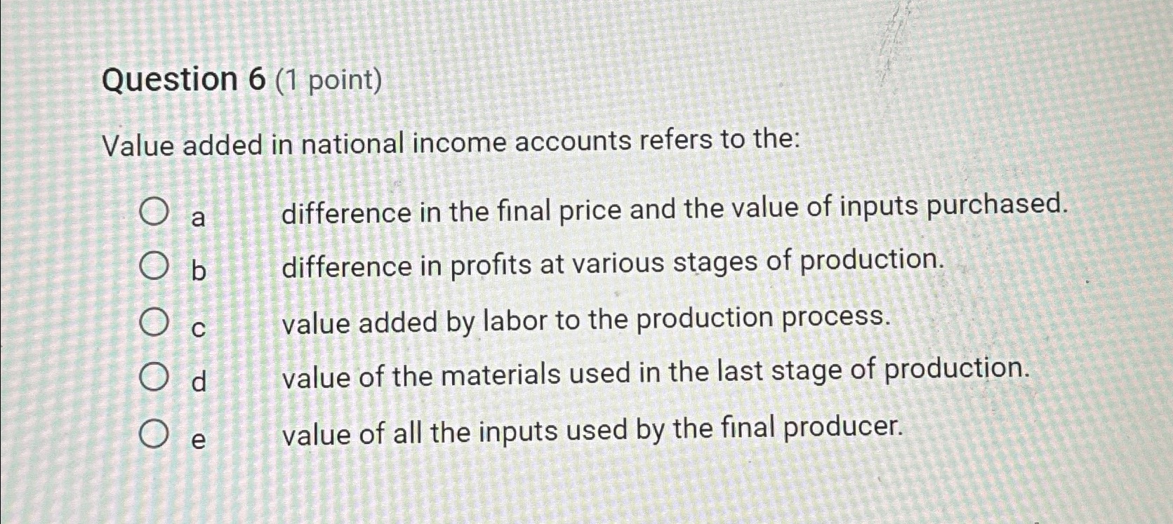 Solved Question 6 (1 ﻿point)Value added in national income | Chegg.com