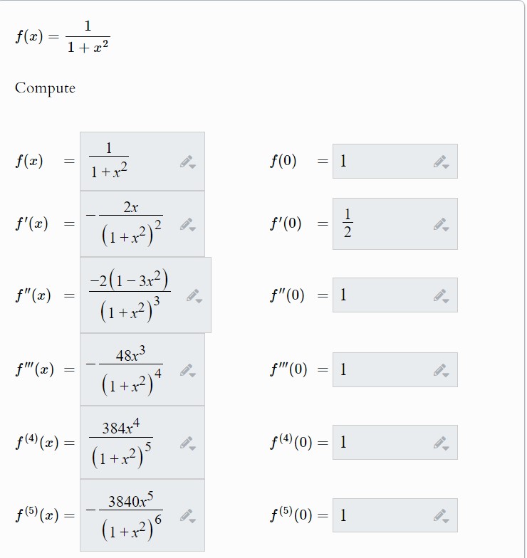 Solved f(x)=11+x2Computef(x),=11+x2,f(0),=f'(x),=-2x(1+x2)2, | Chegg.com