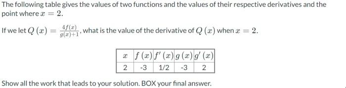 Solved The following table gives the values of two functions | Chegg.com
