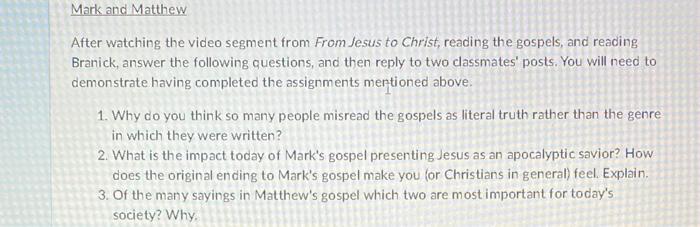 After watching the video segment from from Jesus to | Chegg.com