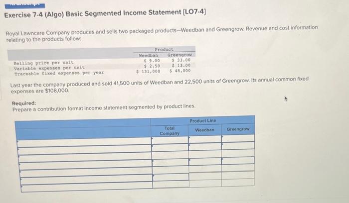 Solved Exercise 7-4 (Algo) Basic Segmented Income Statement | Chegg.com