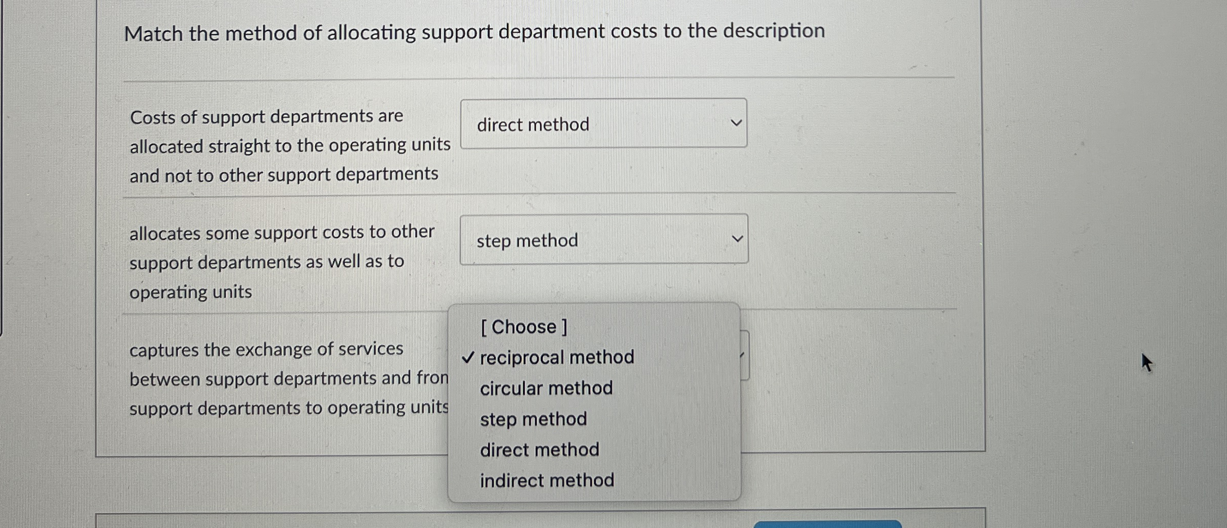 Solved Match the method of allocating support department | Chegg.com