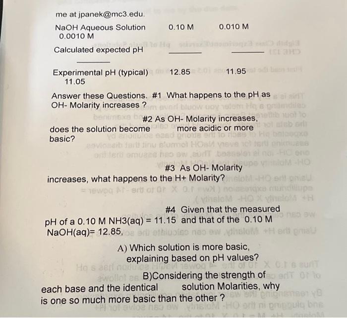Eighth Class Experiment/Exercise pH of Basic | Chegg.com