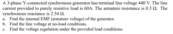 Solved A 3-phase Y-connected synchronous generator has | Chegg.com