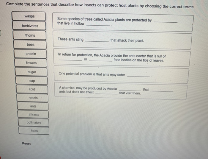 Solved Complete the sentences that describe how insects can | Chegg.com