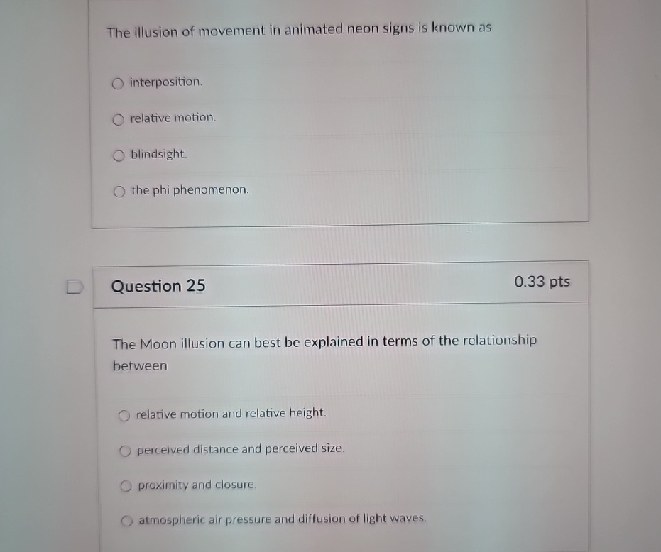 Solved The illusion of movement in animated neon signs is | Chegg.com