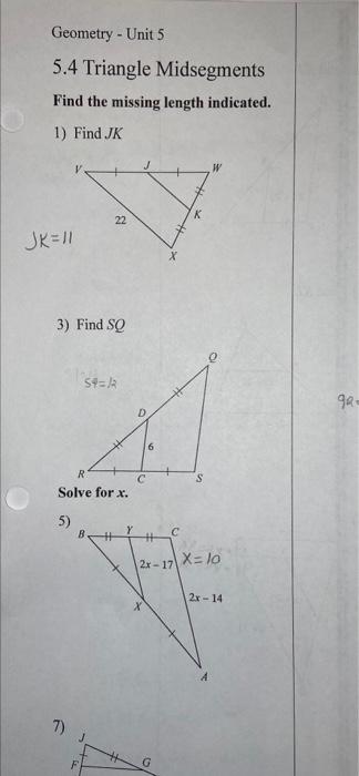 Solved Geometry - Unit 5 5.4 Triangle Midsegments Find the | Chegg.com