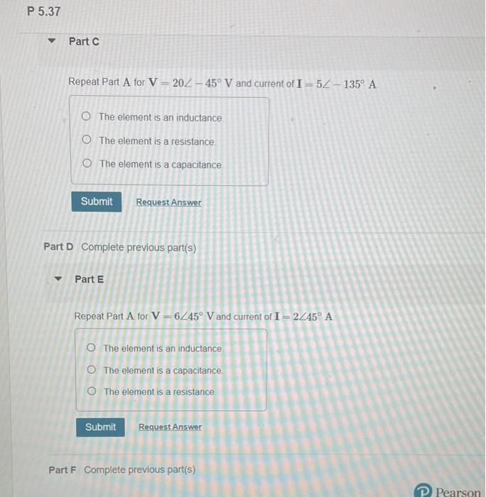 Solved P5.37 Part A A certain element has a phasor voltage | Chegg.com
